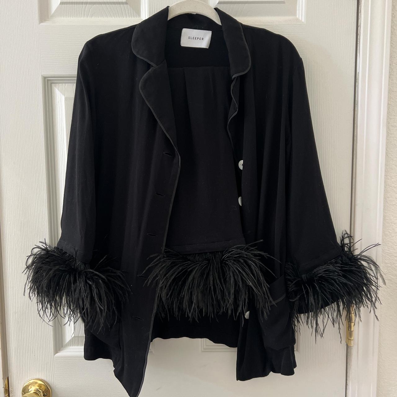 black sleeper party pj set with feathers in both top... - Depop