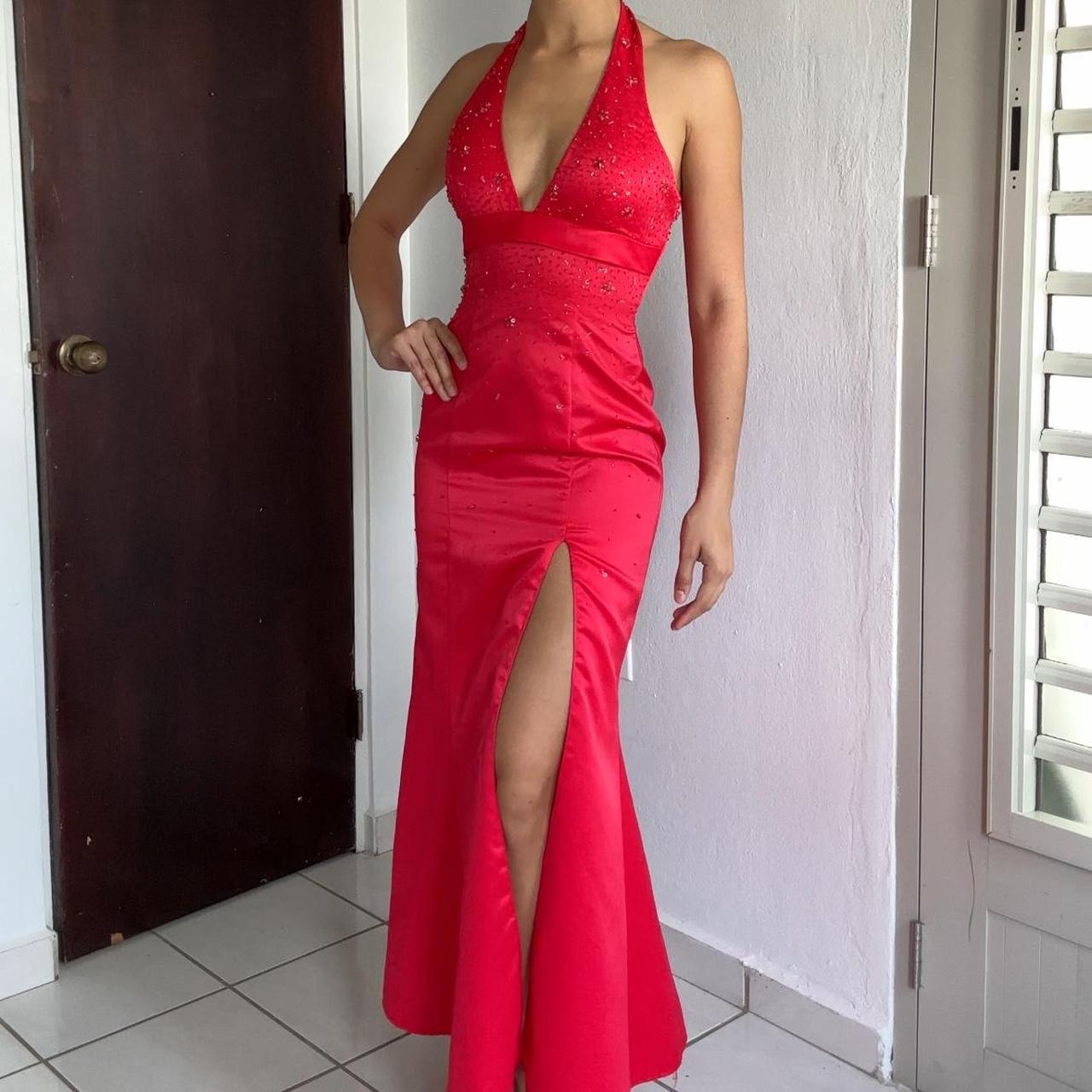 Red maxi halter dress with beads and slit. This is... | Depop