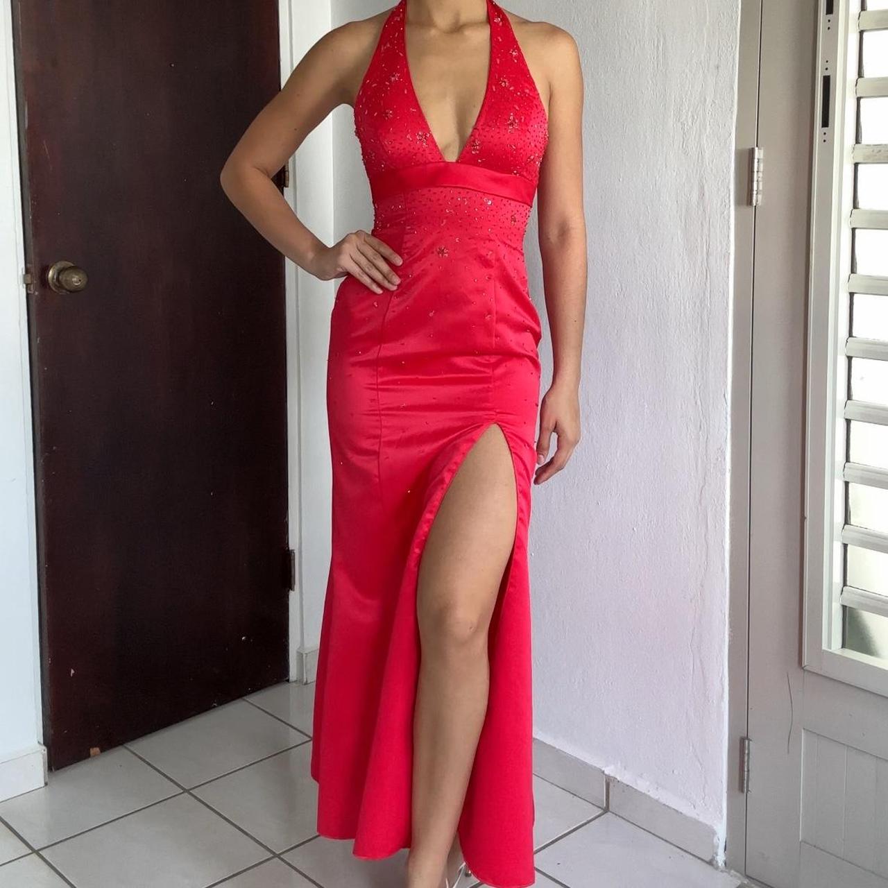 Red maxi halter dress with beads and slit. This is... | Depop