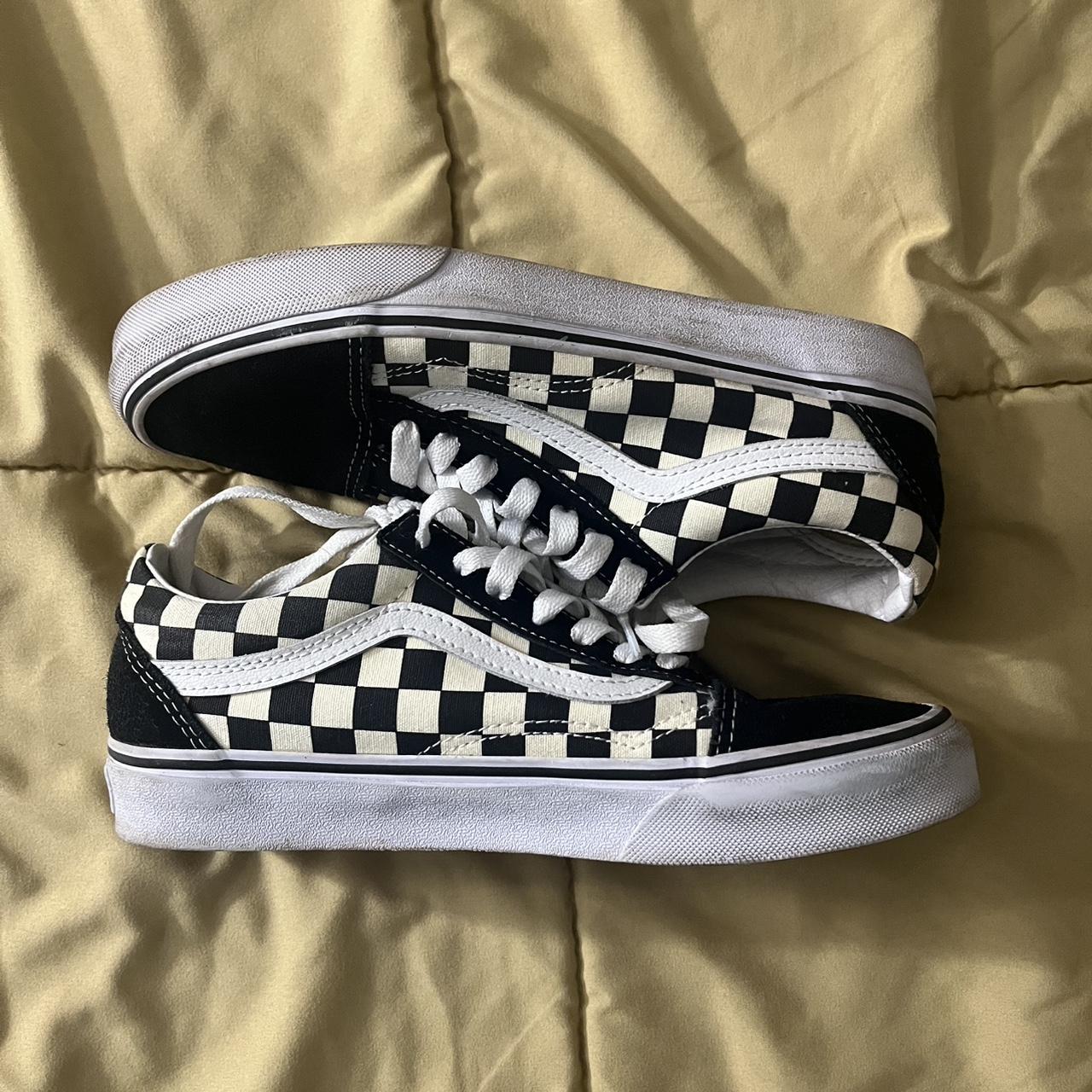 black and white checkered vans men’s size... | Depop