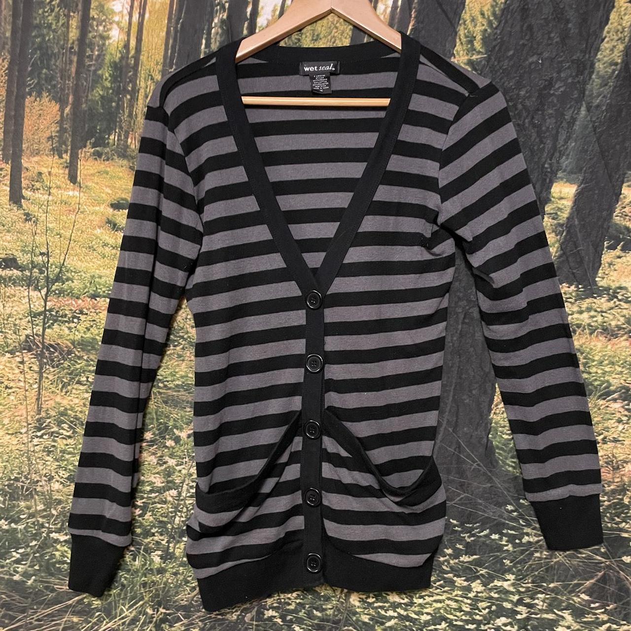 Y2k emo goth grunge black and gray striped cardigan... - Depop