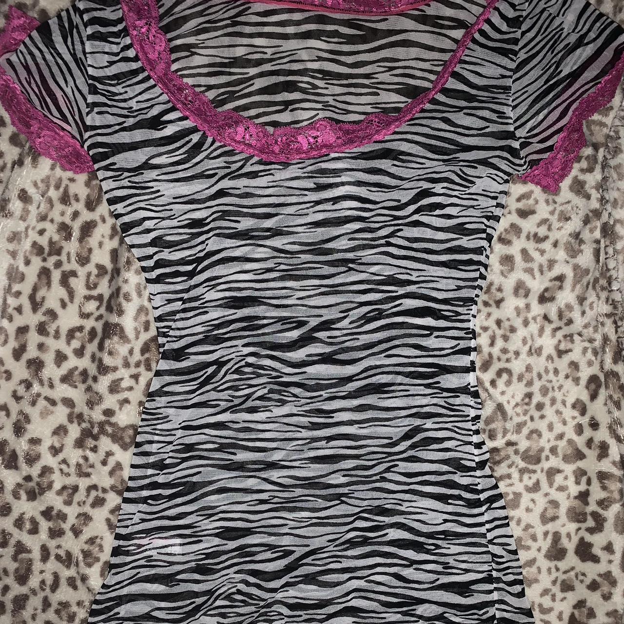 2000s zebra print mesh slip dress with pink lace... - Depop