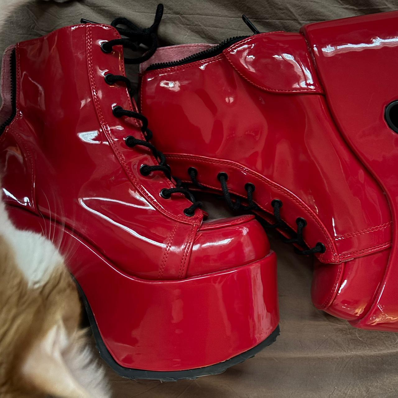 Red patent leather platform demonia boots with 7"... | Depop
