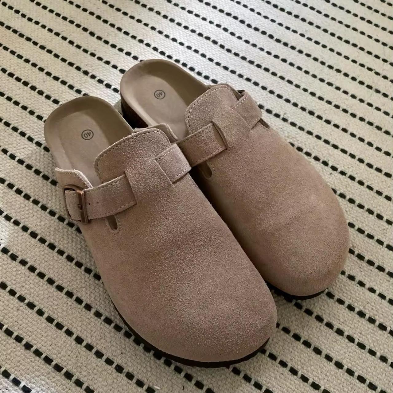 Tan suede clogs with buckle closuclogs | Depop