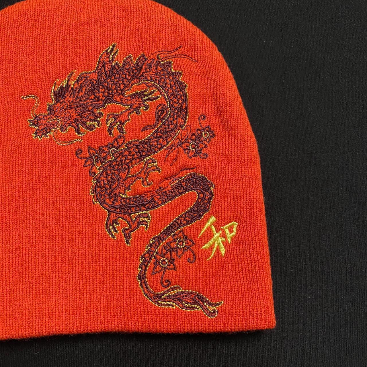 Rare Y2k Dragon Graphic No Cuff Knit Blue Beanie... | Depop