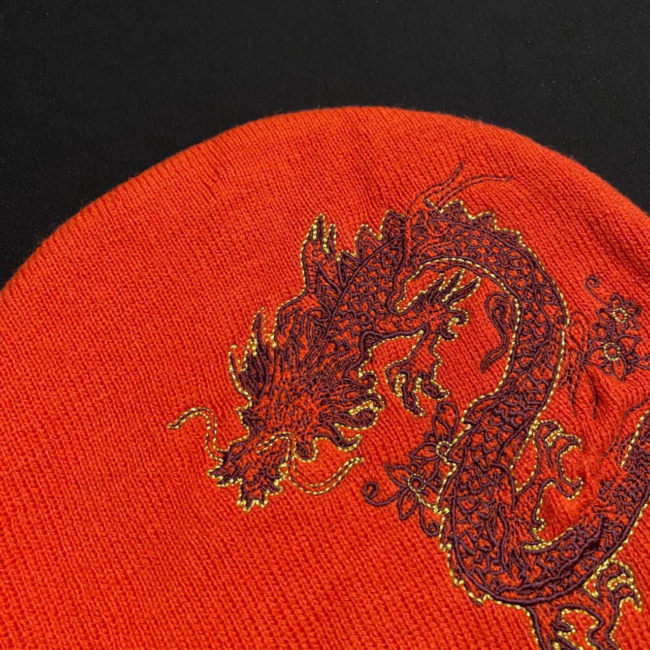 Rare Y2k Dragon Graphic No Cuff Knit Blue Beanie... | Depop
