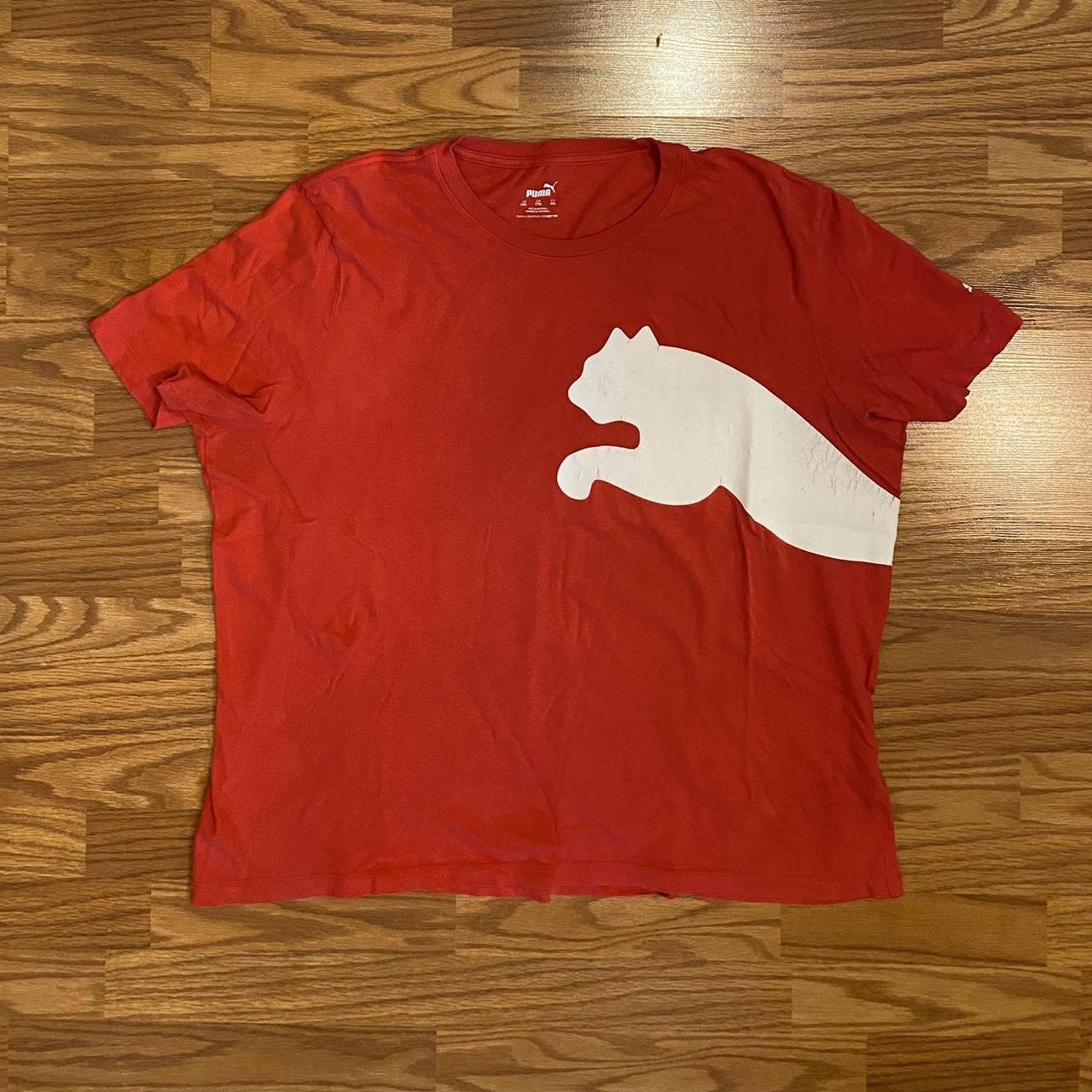 Red beautifully distressed puma shirt with the wrap... - Depop