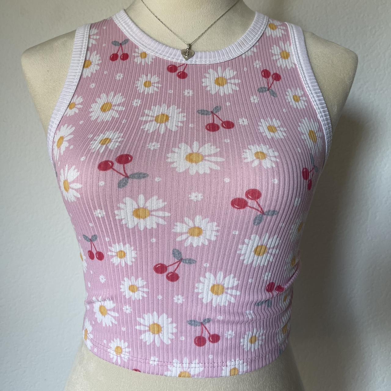 Y2K Coquette Pink Floral & Cherry Tank Top •SIZE:... - Depop