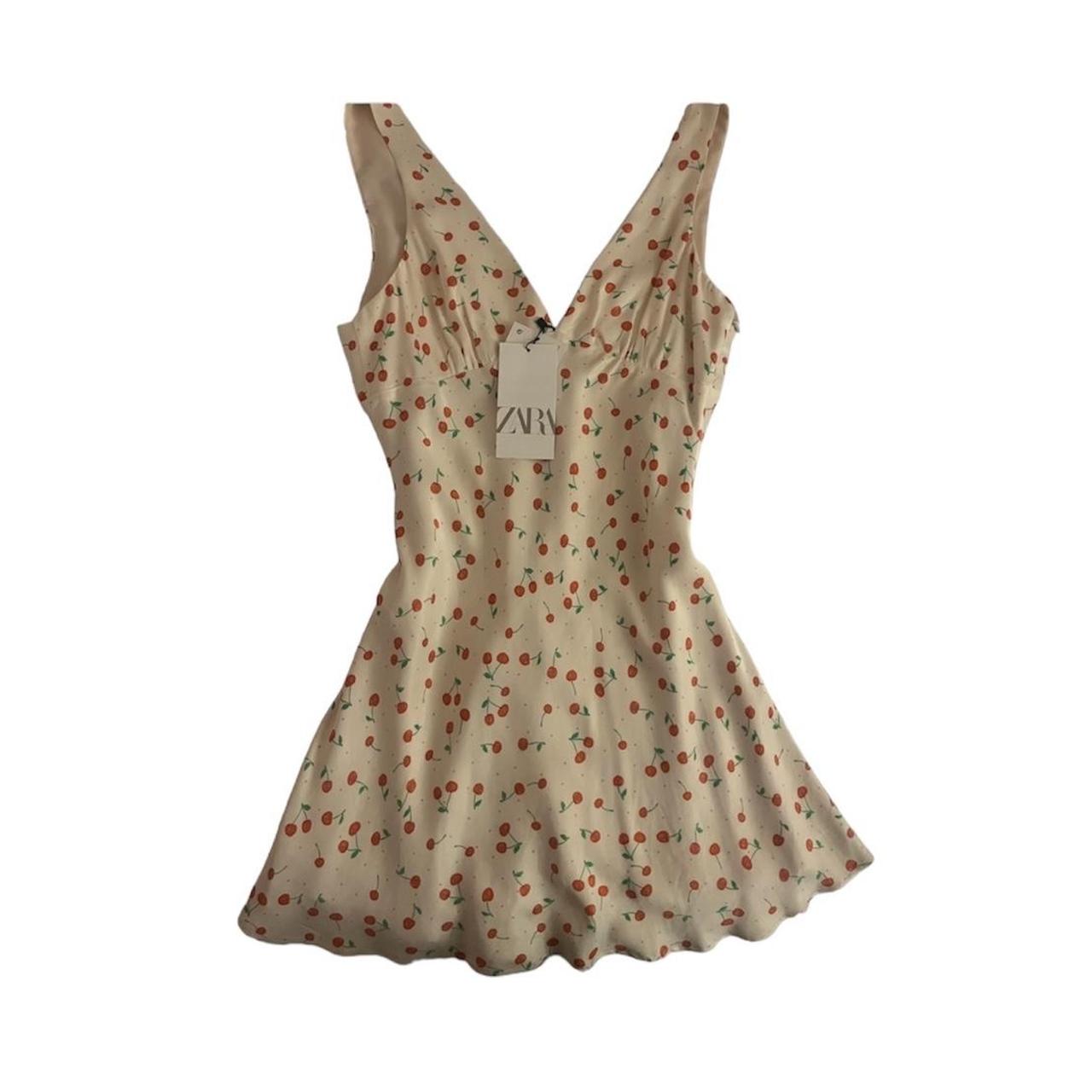Cream short dress, with cherries. Ruffles at the... - Depop