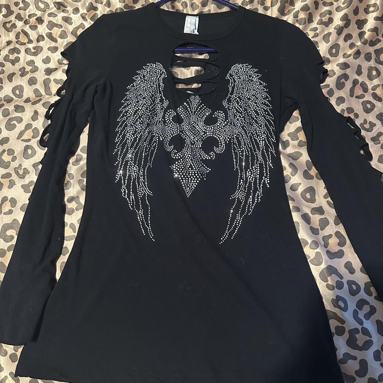 Black and silver rhinestone top with wings #goth... - Depop