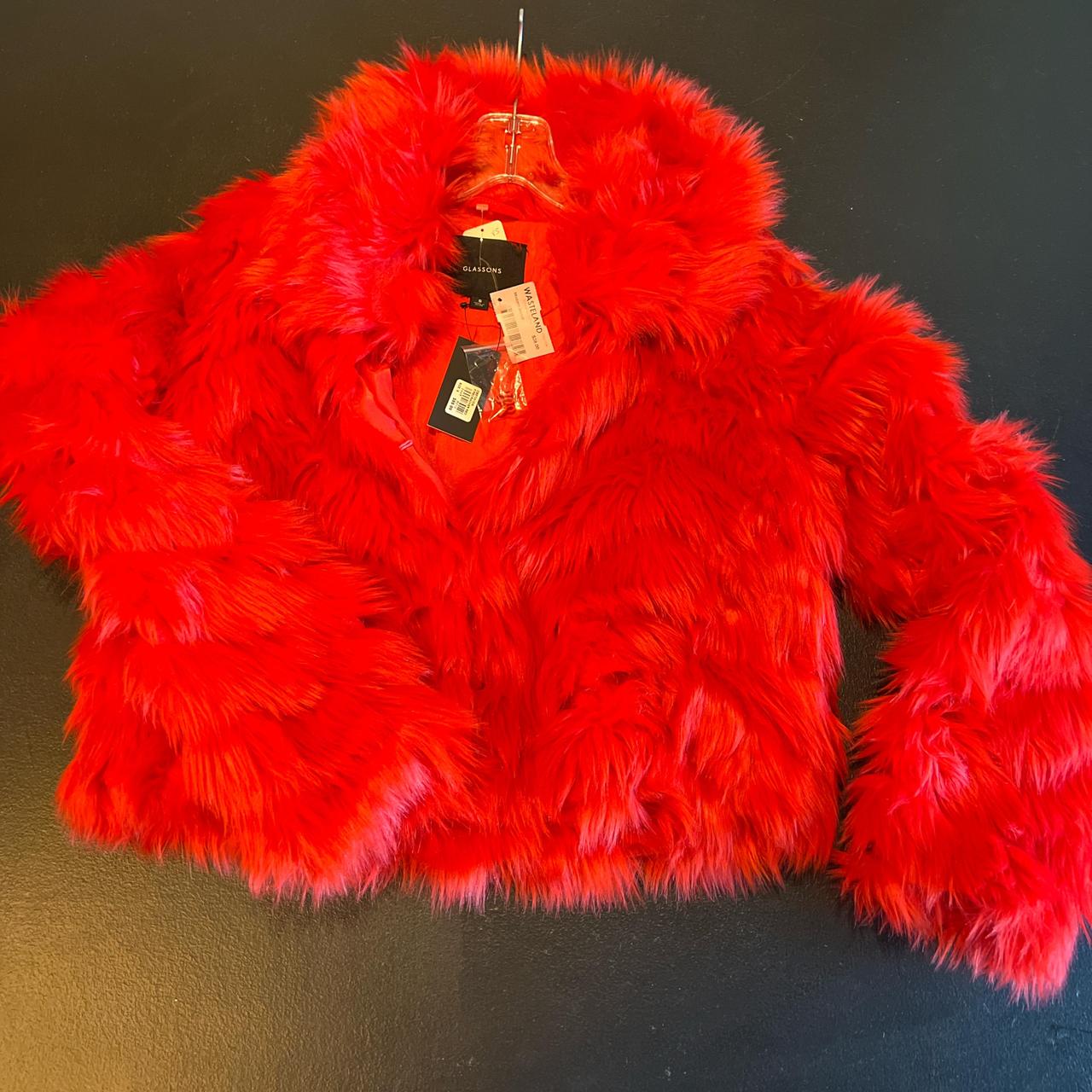 Red fluffy faux fur jacket, brand new with tags.... - Depop