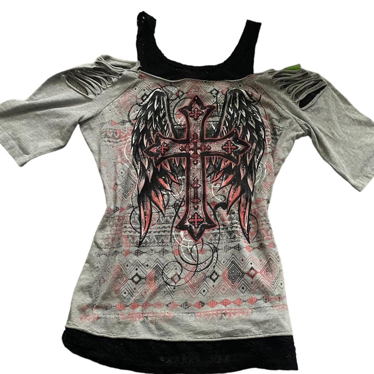 Y2k Rhinestone Cross Off the Shoulder Tank... - Depop