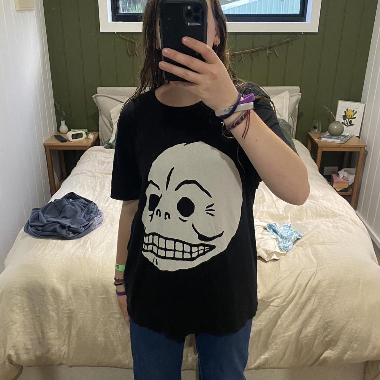 Baggy black and white skull streetwear tee From... | Depop