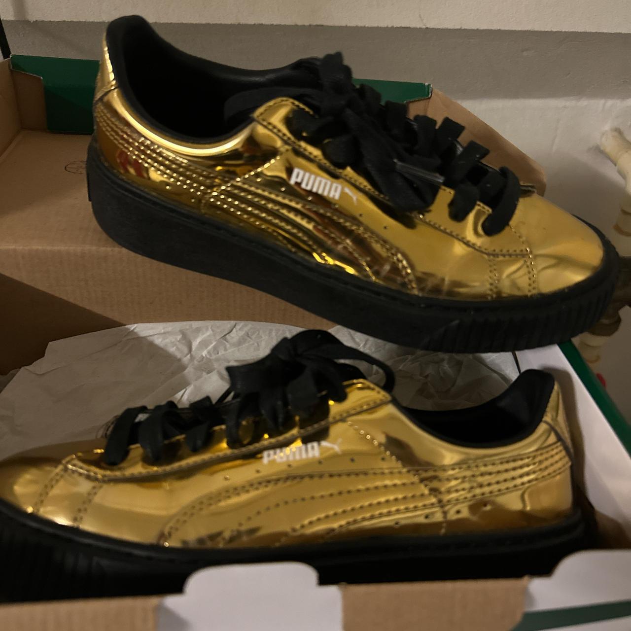 Gold metallic Puma platform trainers worn once | Depop