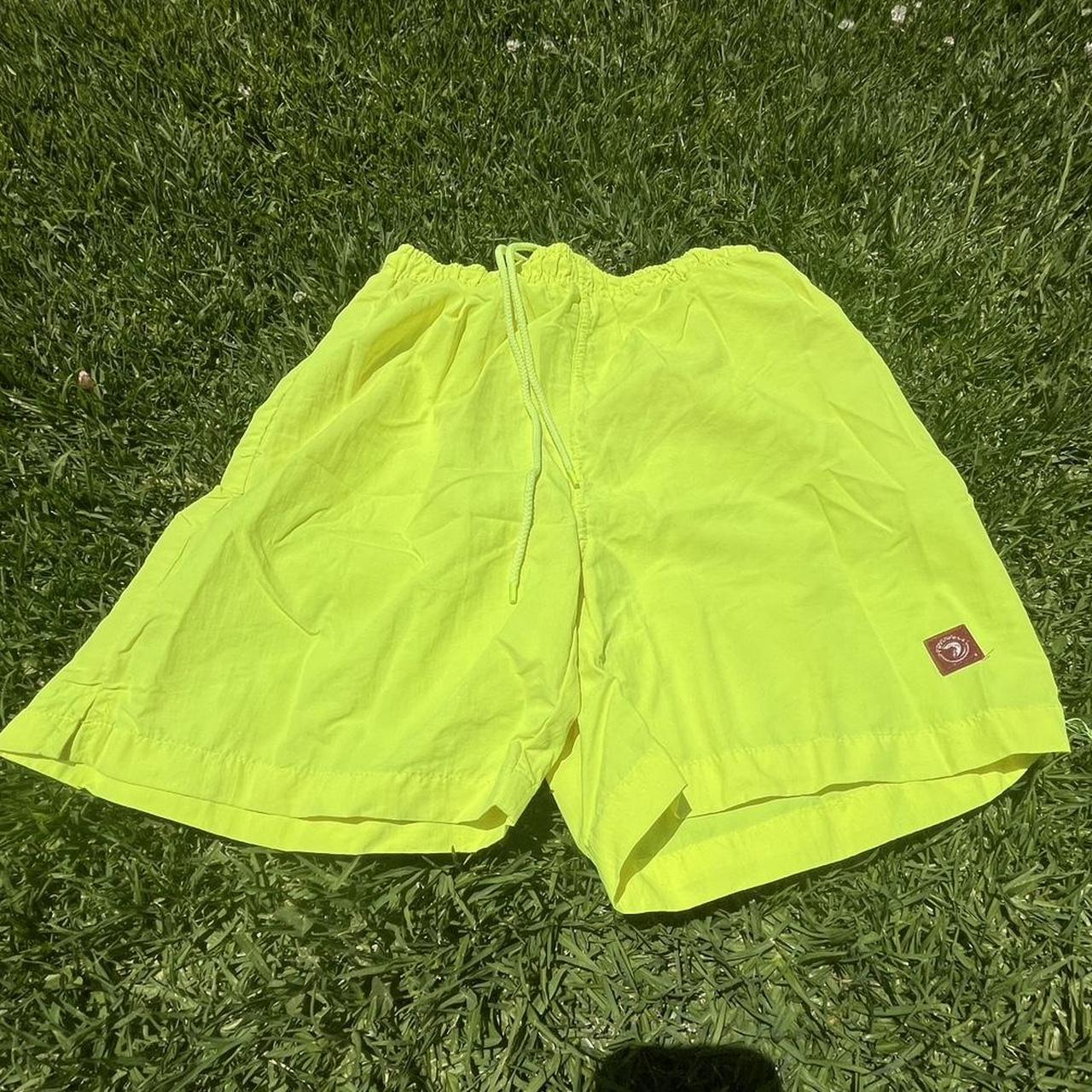 80s neon yellow swim trunks with drawstring #vintage... - Depop