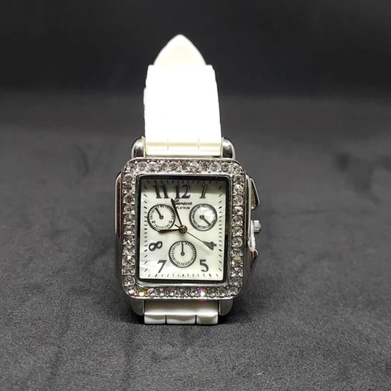 White and Stainless-Steel Watch with Rhinestones and... - Depop