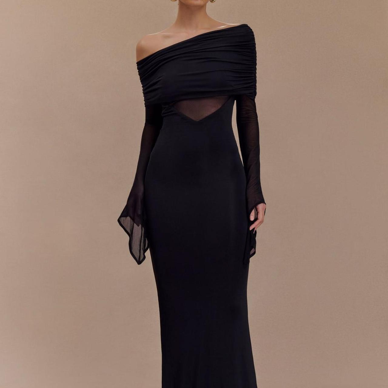 MESHKI Kaitlin One shoulder slinky and mesh black... | Depop