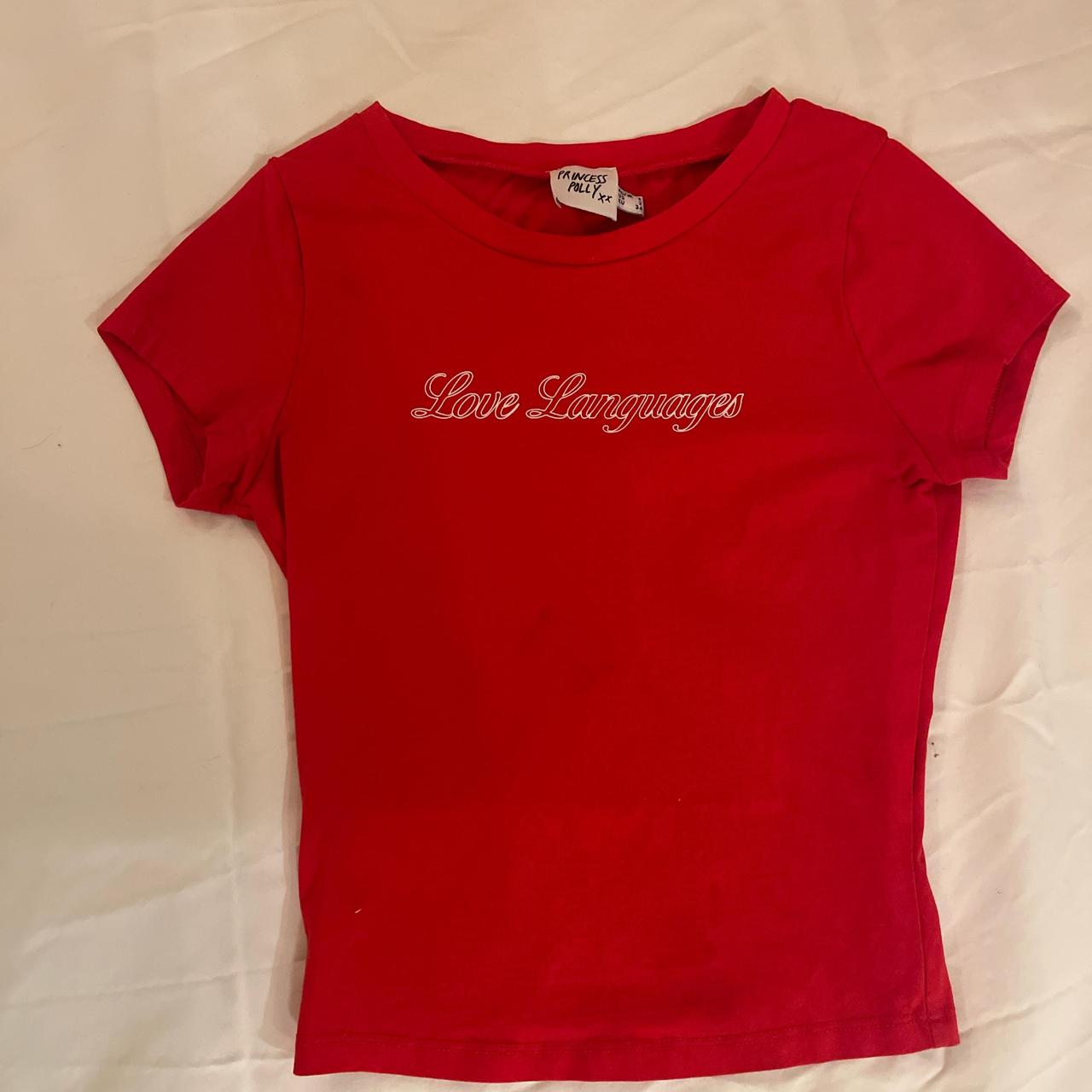 Red graphic tee with "love languages" design... | Depop
