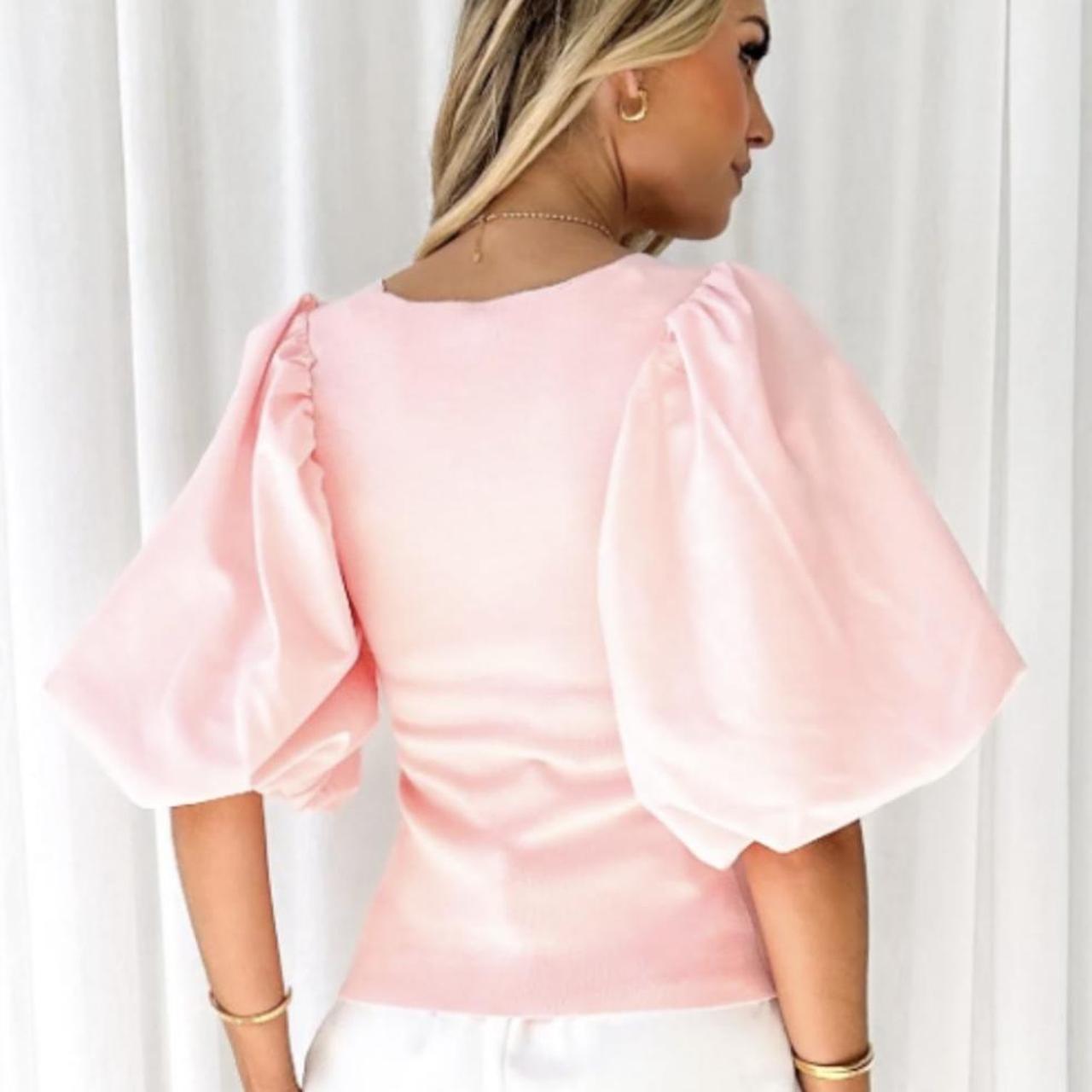 Pink knit top with puff sleeves, fitted design. BNWT... - Depop