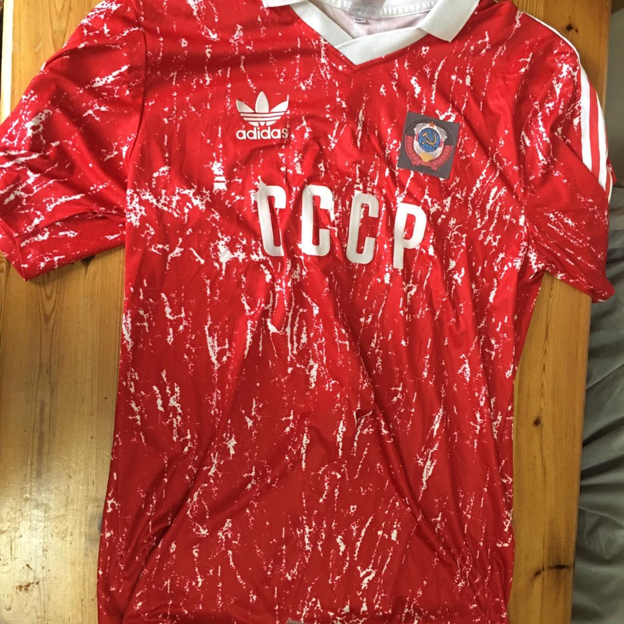 Adidas red and white Soviet football shirt - Depop