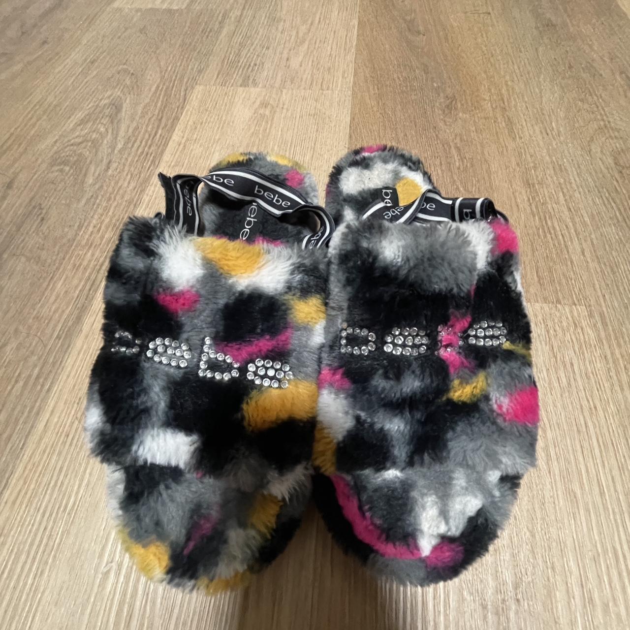 Bebe Fuzzy Strap Slippers. Size 10. Cozy multicolor... | Depop