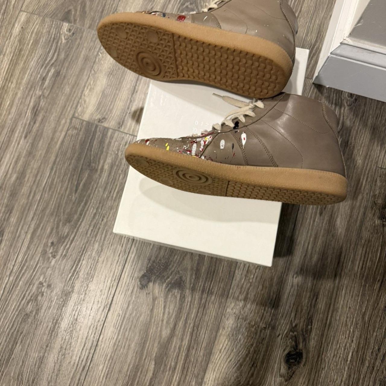 High top brown maison margiela gats paint splattered... | Depop
