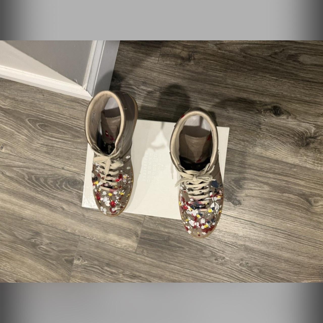 High top brown maison margiela gats paint splattered... | Depop