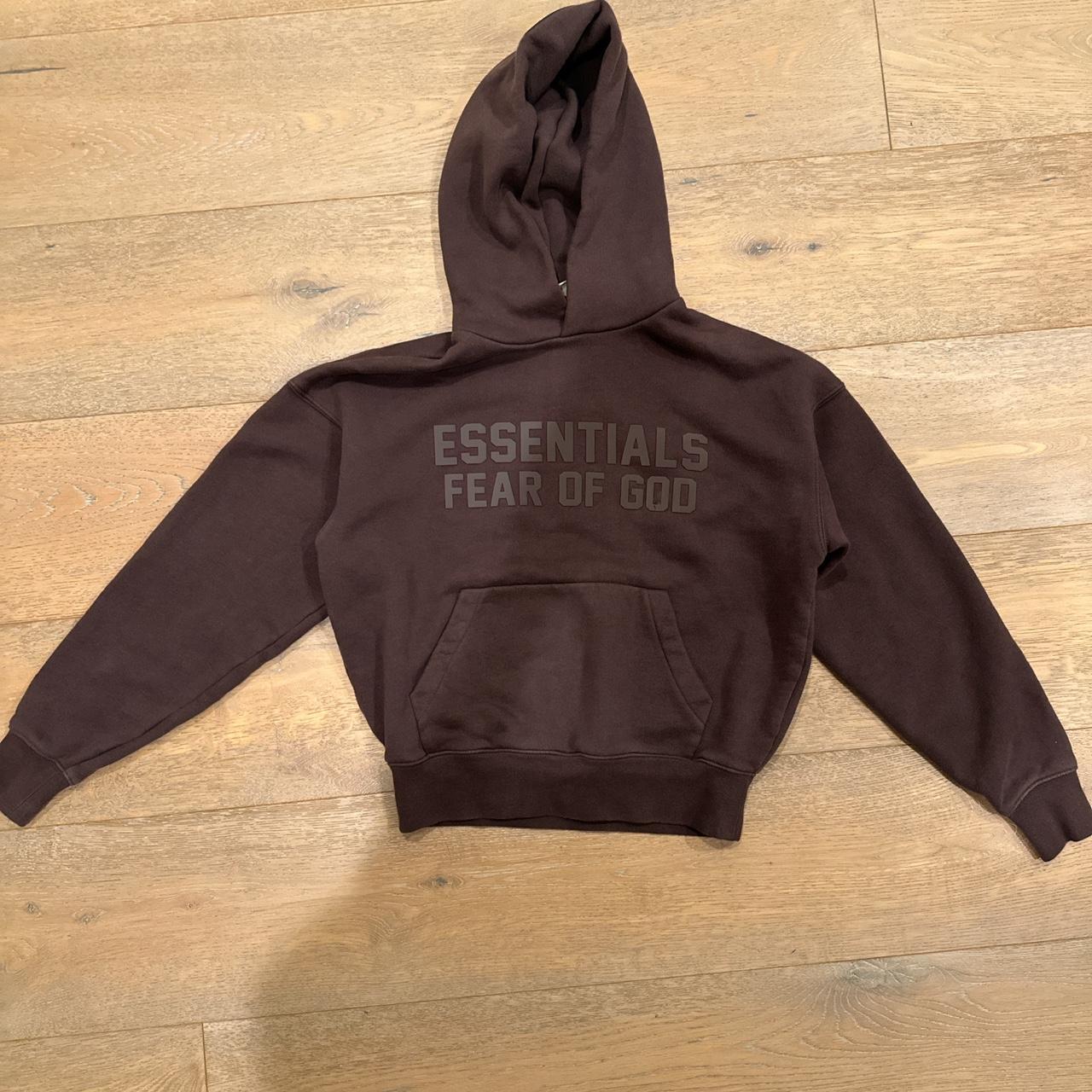 Kids brown essentials fear of god hoodie. Kids size 6 | Depop