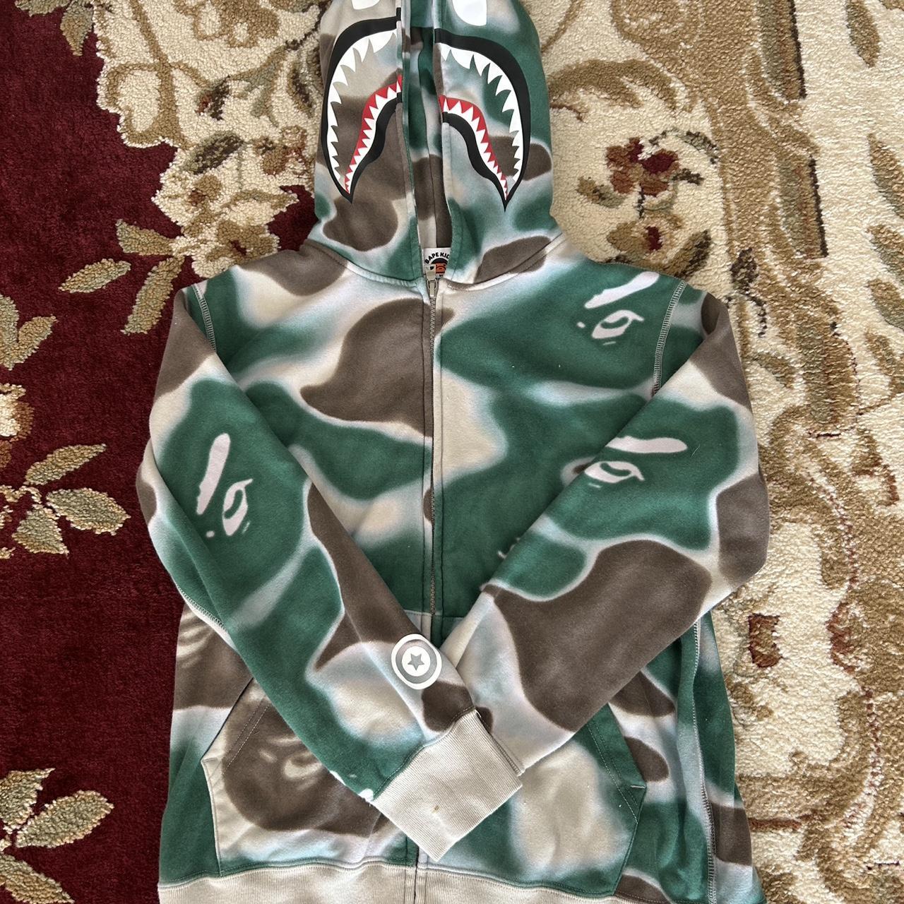Green and brown BAPE camo shark zip-up hoodie... - Depop
