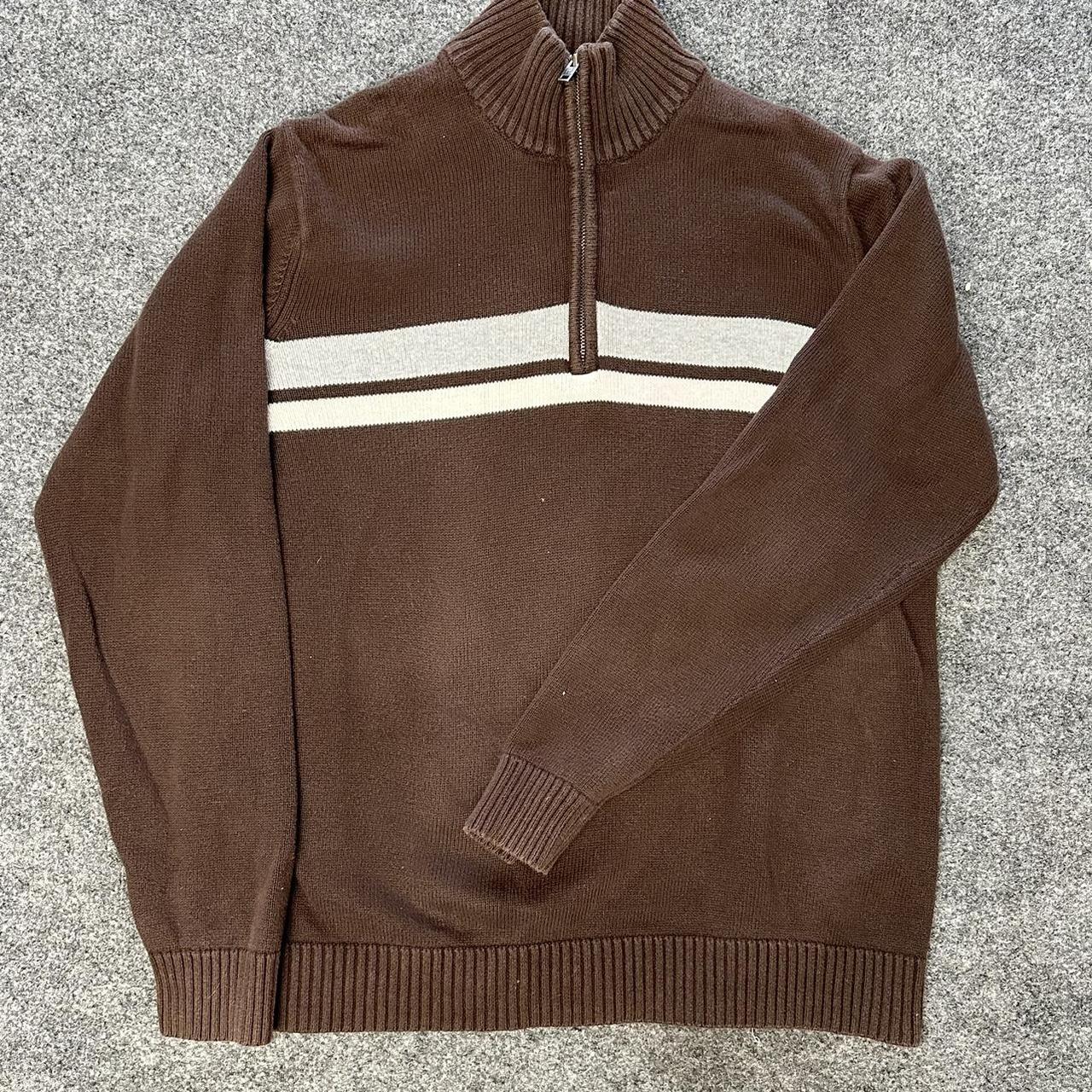 Vintage quarter-zip crew neck brown with white and... - Depop
