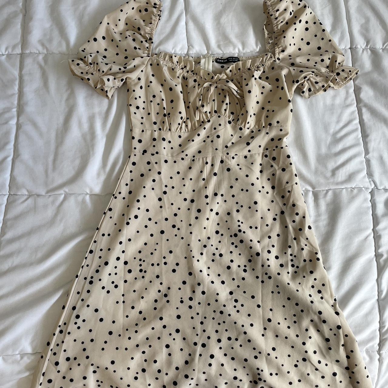 xs cream polka-dot sundress with puff sleeves never... - Depop