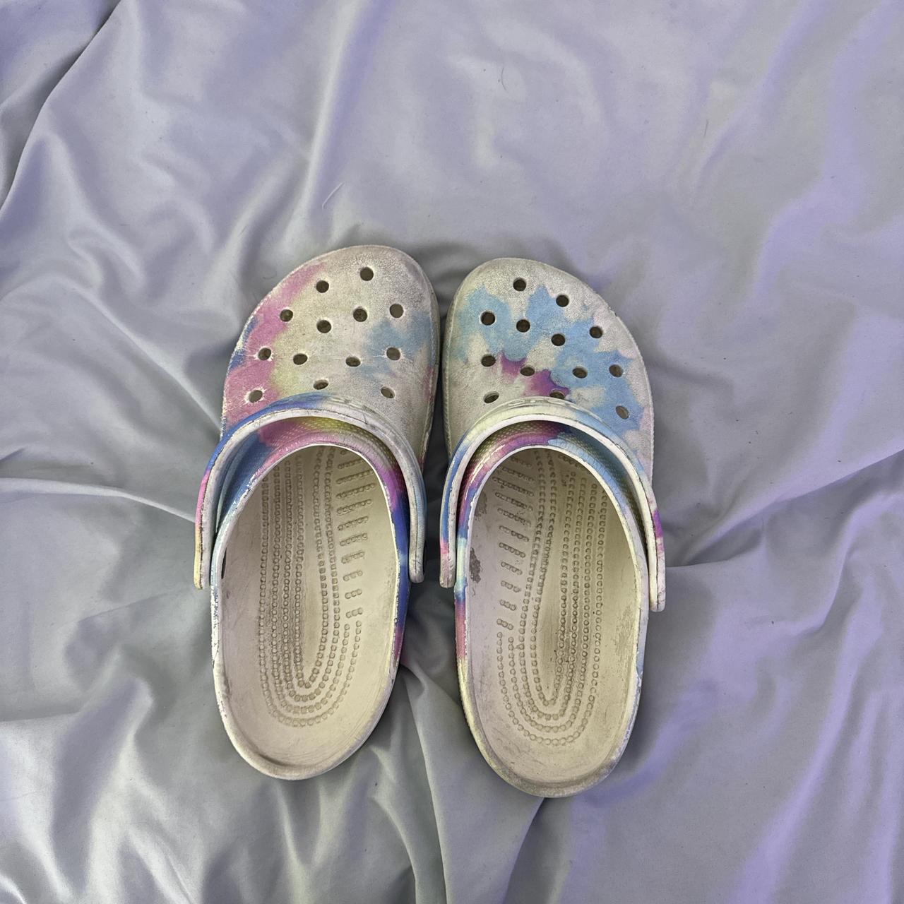pastel tie dye crocs womens 9 very very worn price... - Depop