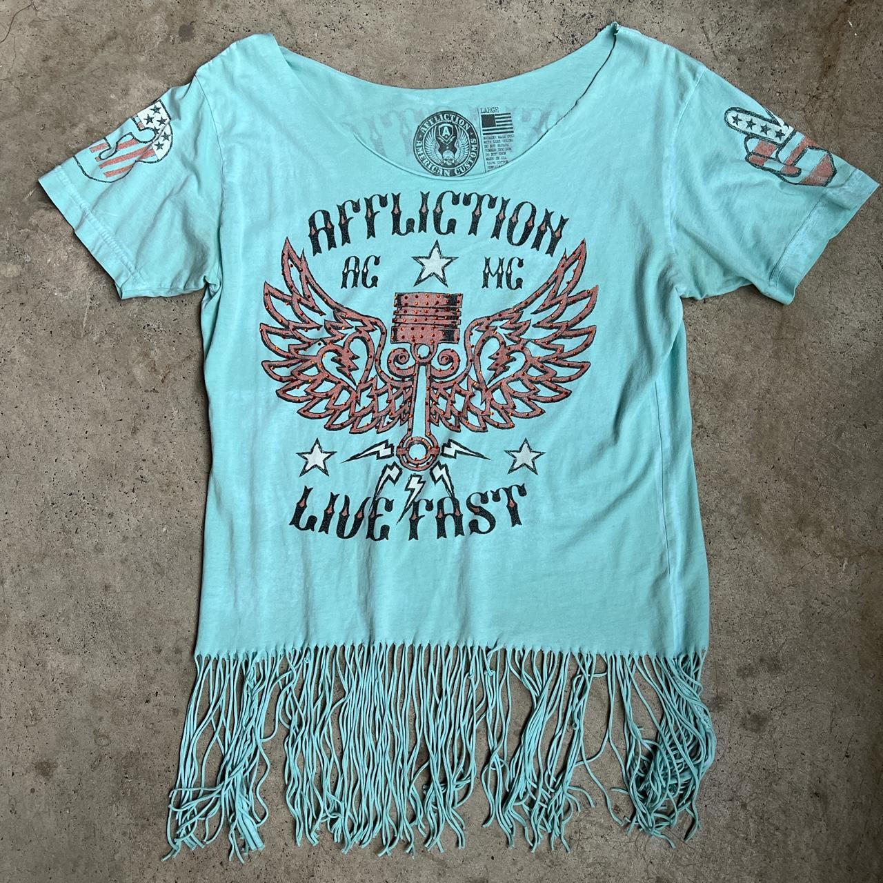 Teal affliction tee with fringe and rhinestone... - Depop