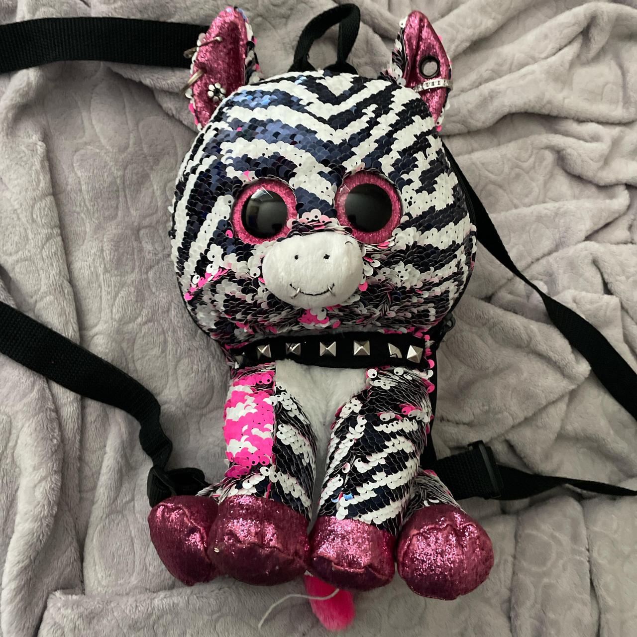 Black and white zebra plushie backpack. Comes with... | Depop