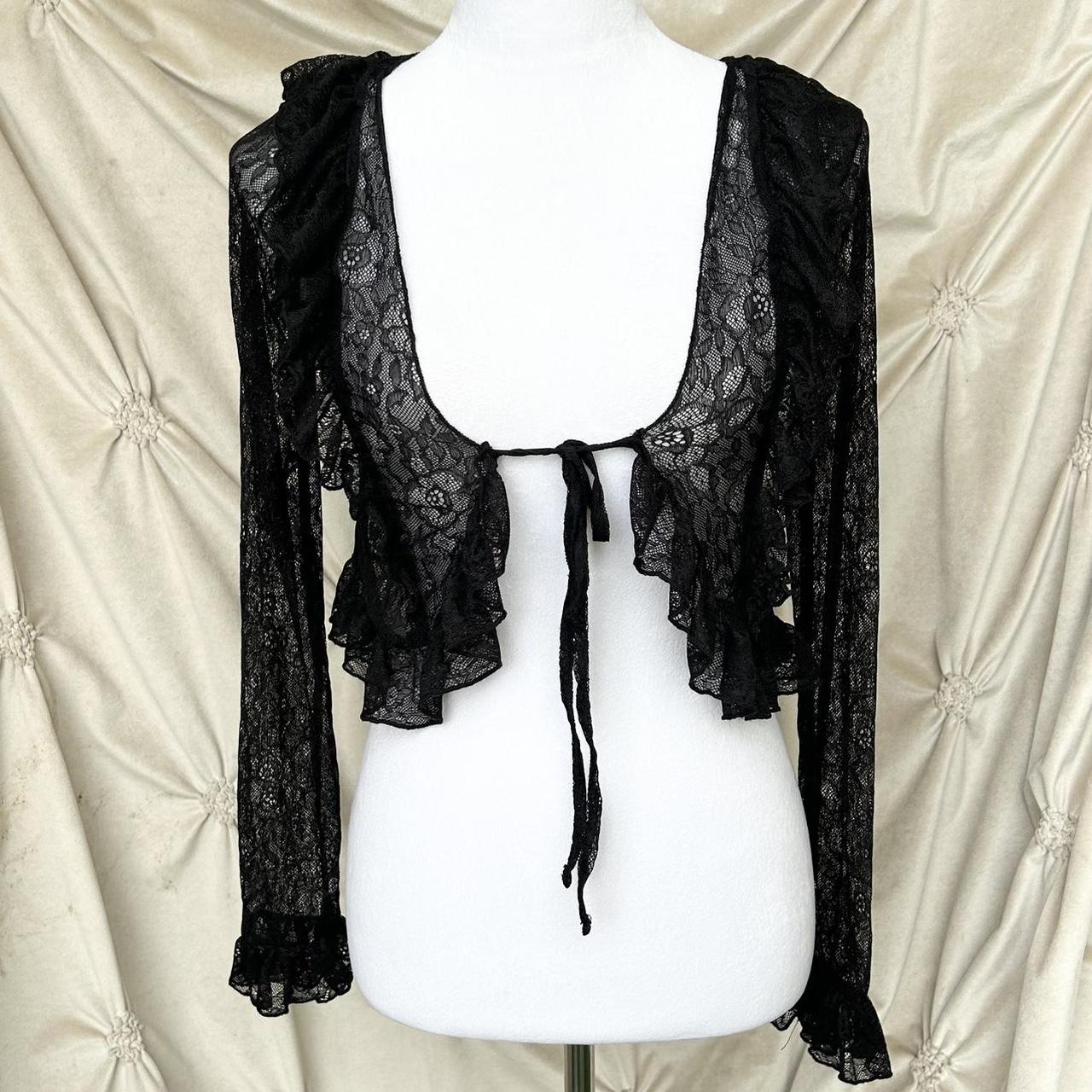 Urban Outfitters sheer black lace tie front ruffle... - Depop