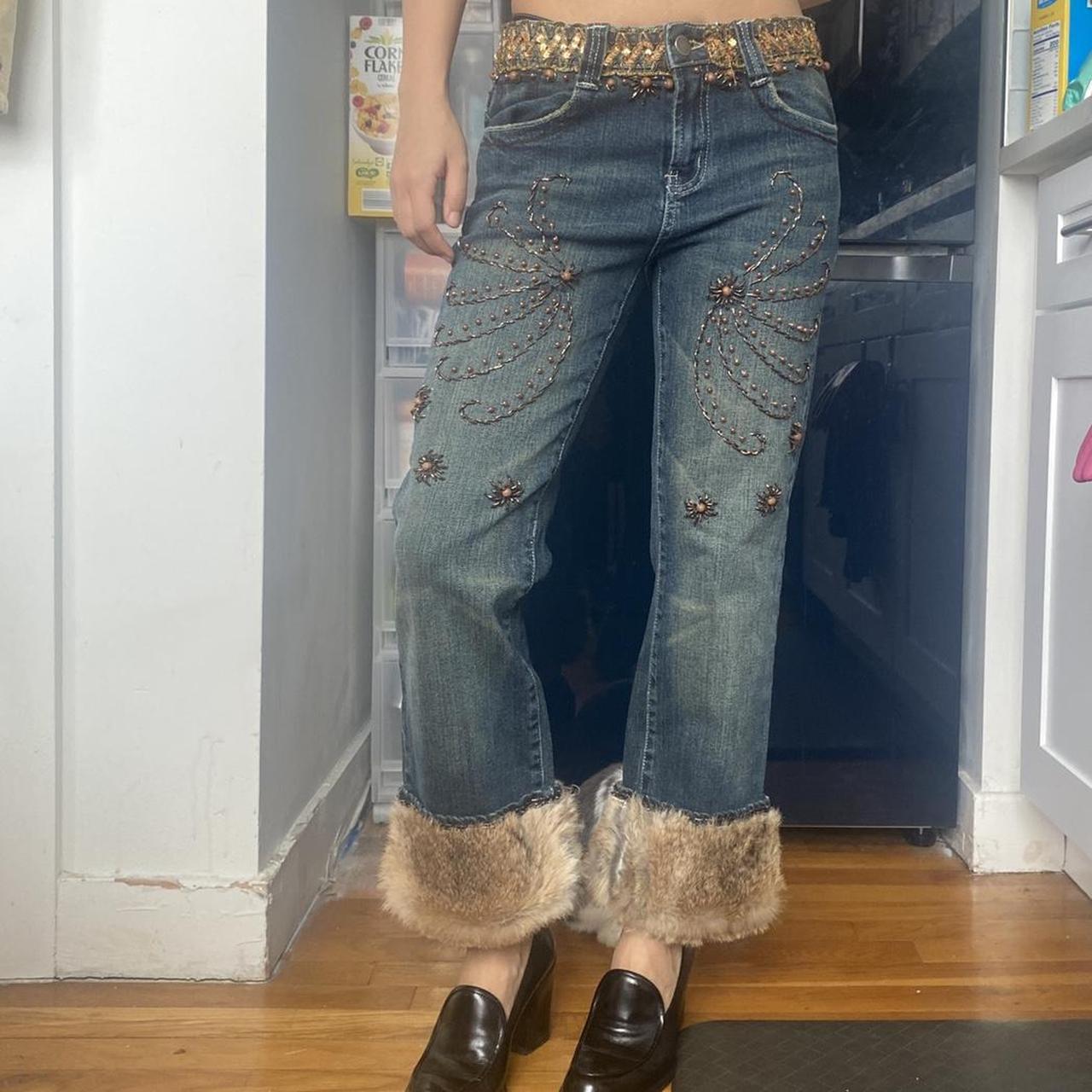 Gorgeous vintage fur fuzzy trimmed jeans with... - Depop