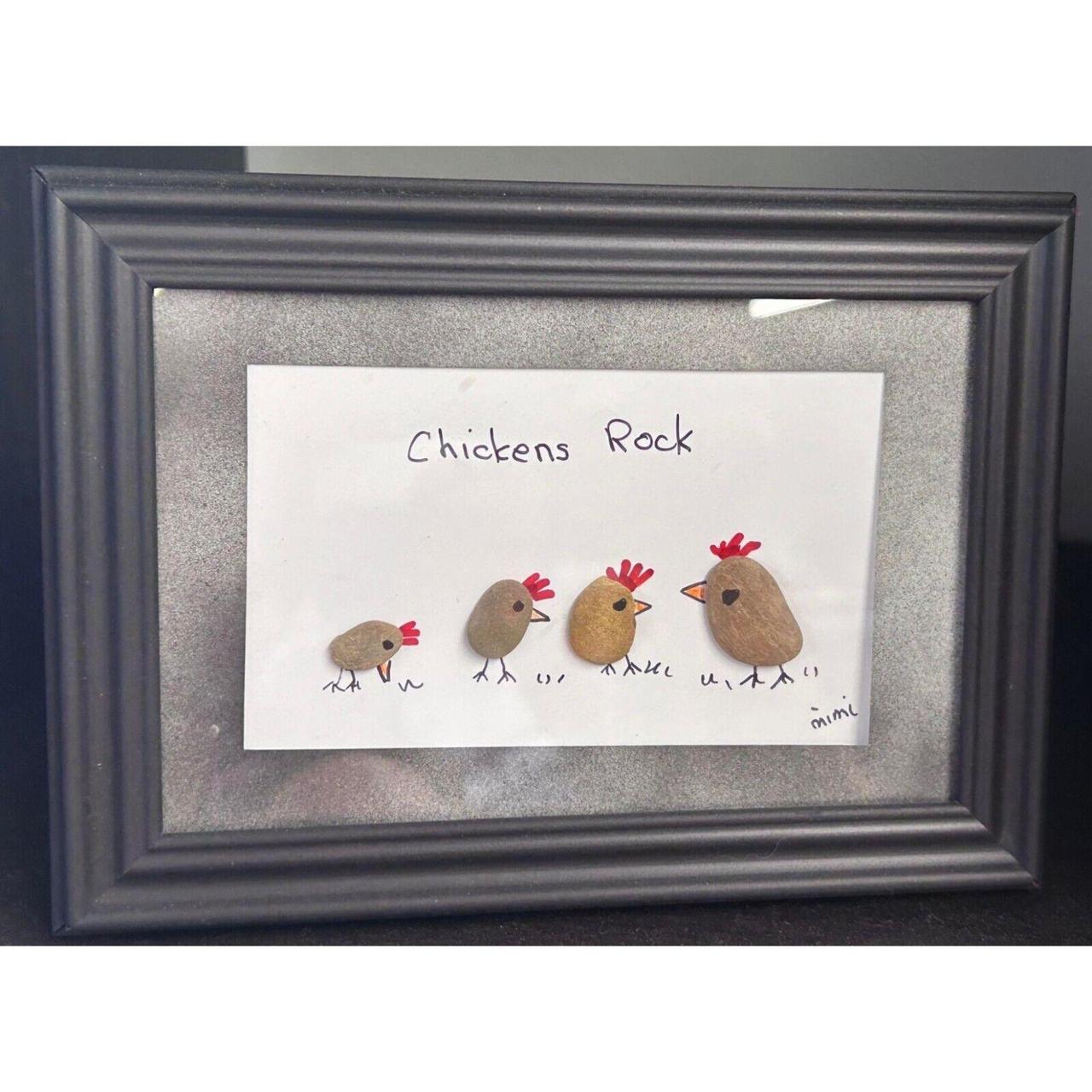 "Chickens Rock" Pebble Art by Mimi (5" x 7") Framed... | Depop