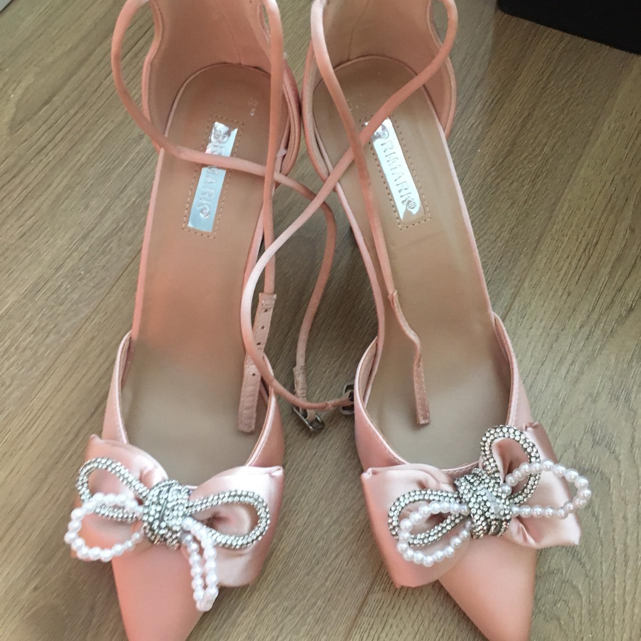Pink satin bow heels with pearl detail #heels primark - Depop