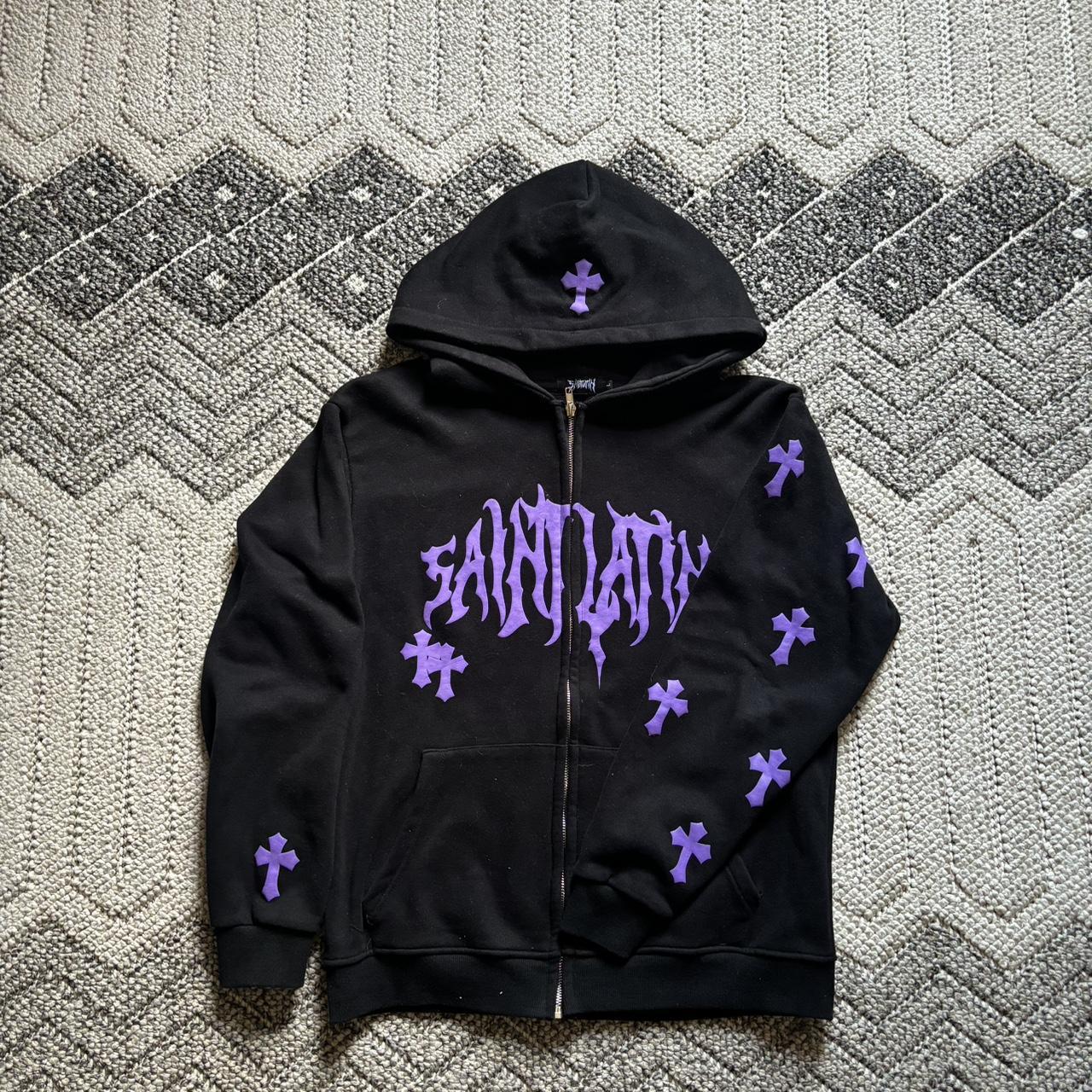 Saint Latin black and purple zip up hoodie #goth... - Depop
