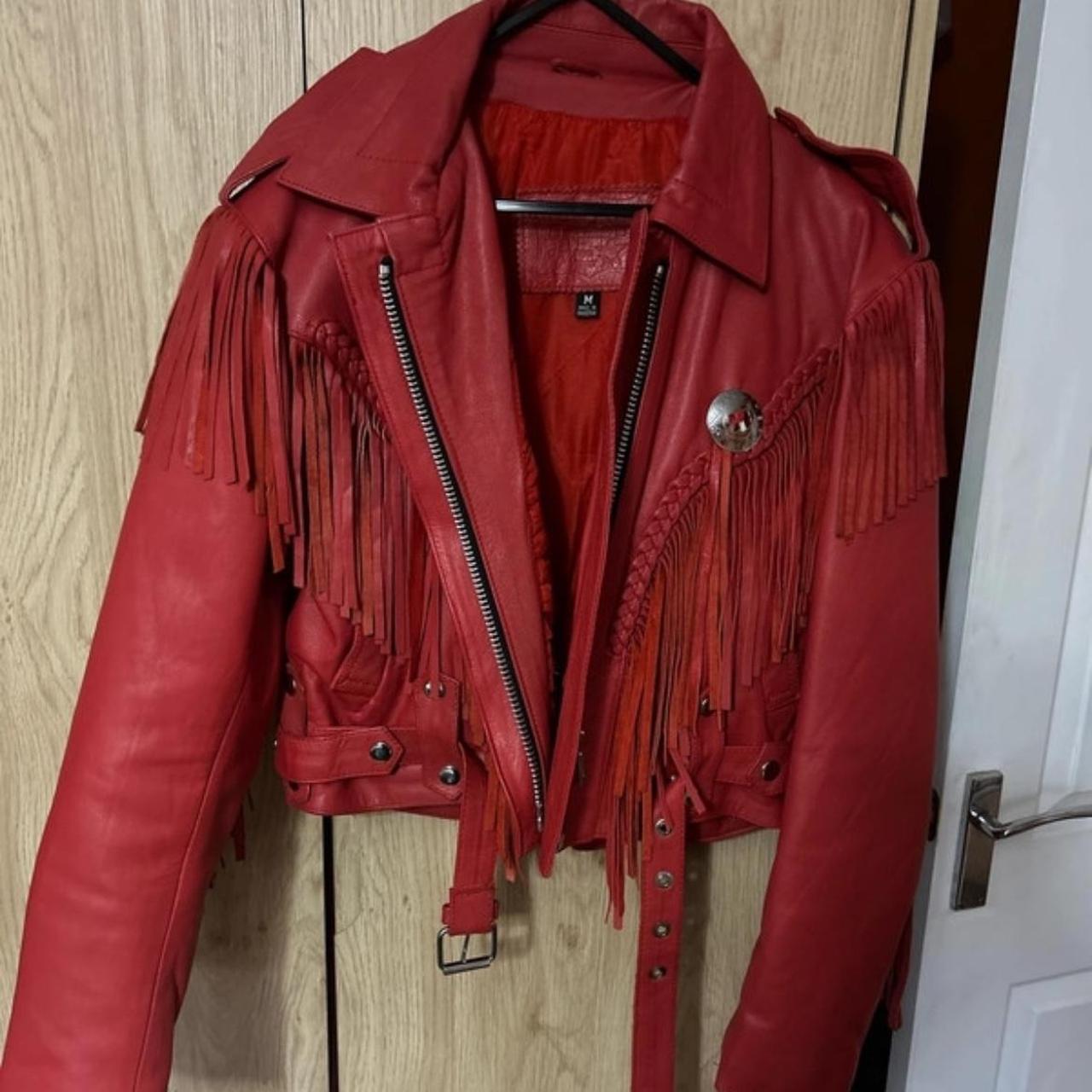 Vintage real leather red western fringe jacket .... - Depop
