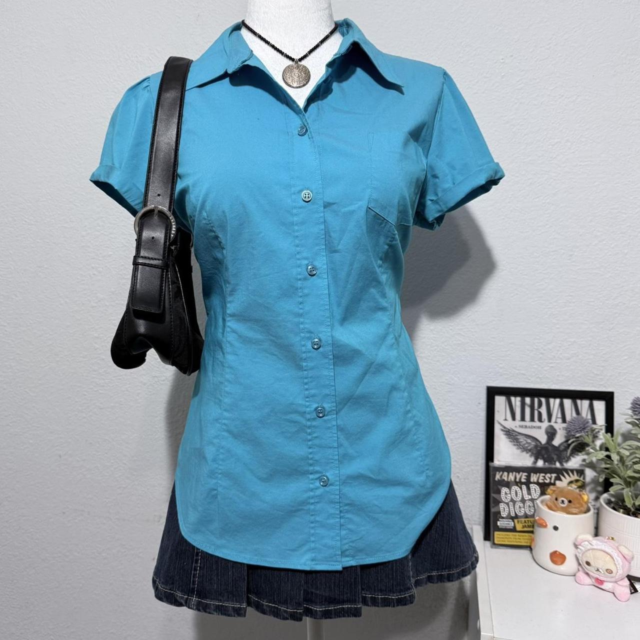 Bright blue plaid office siren blouse Measurements... | Depop