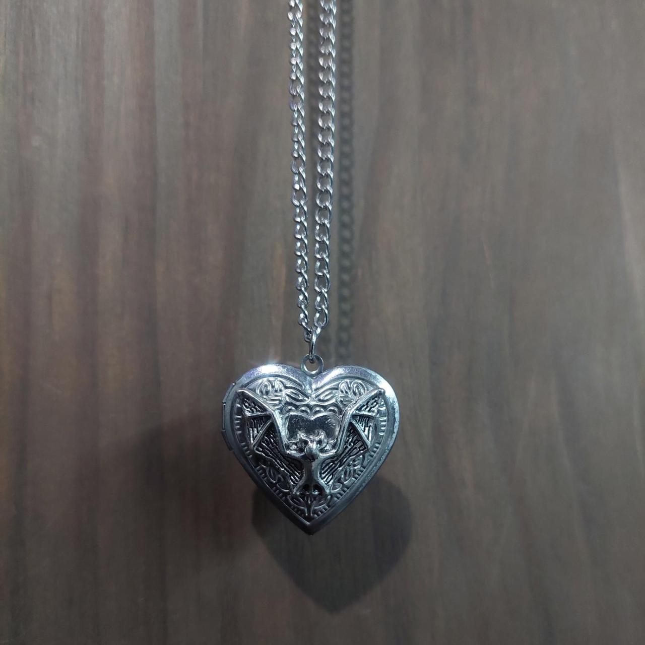 Gothic bat heart shaped locket on a 22 inch chain... - Depop