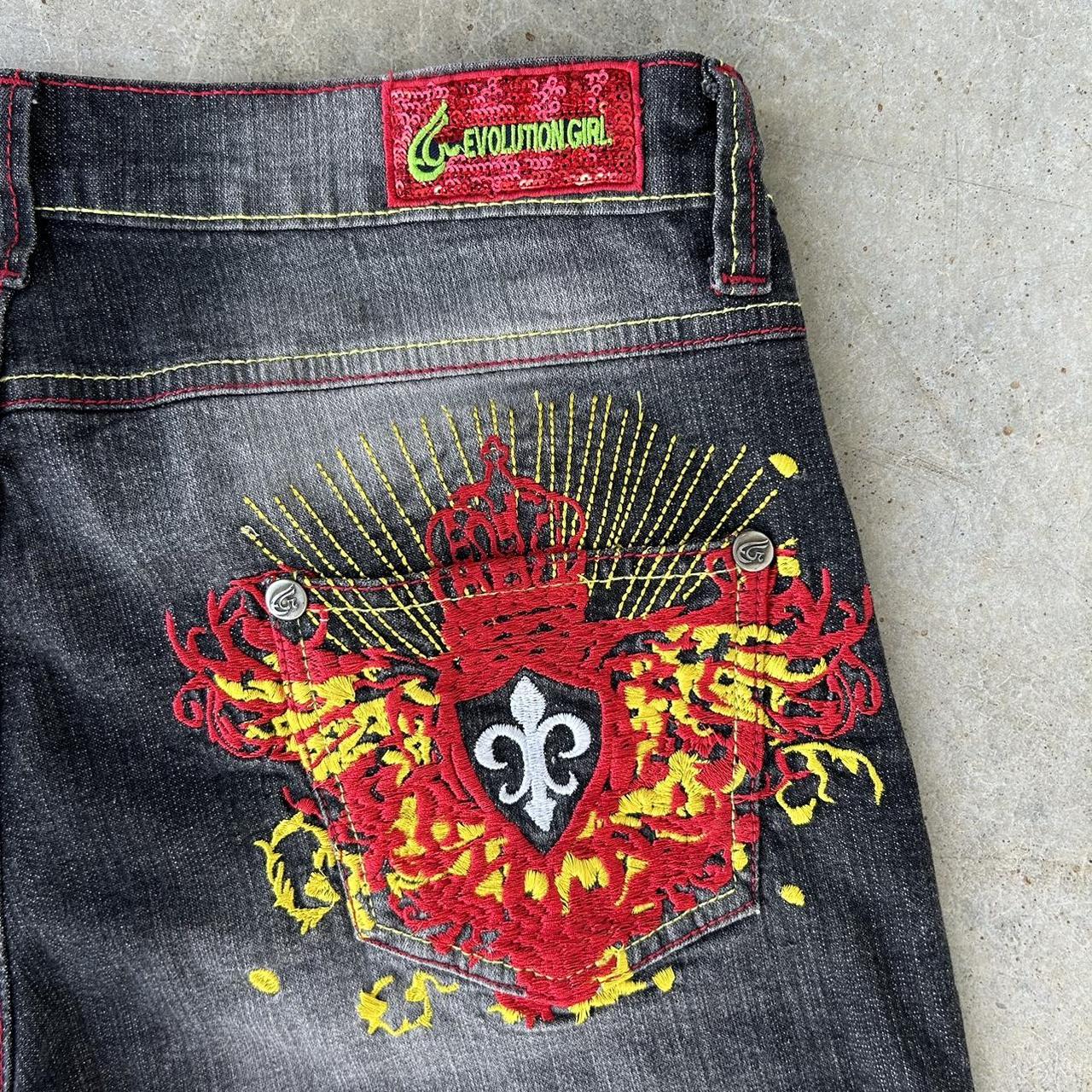 dope evolution girl embroidered jorts size 13/14 - Depop