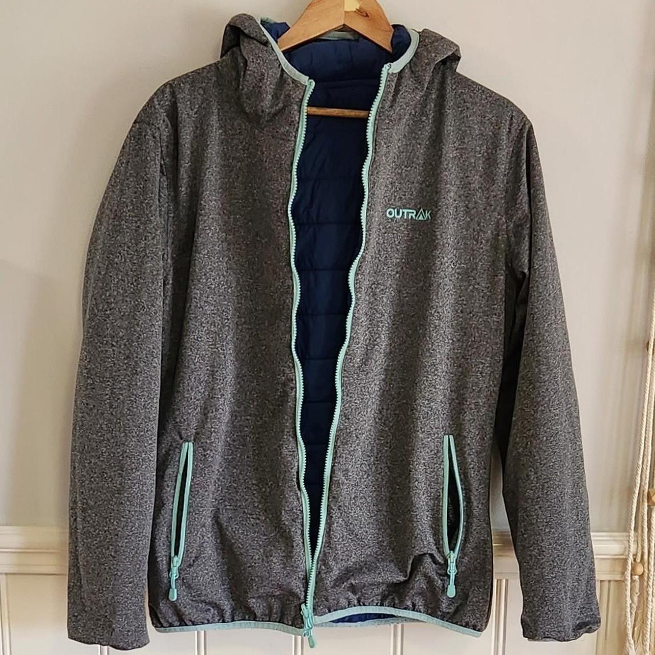 OUTRAK Women's reversible blue and grey hooded... - Depop