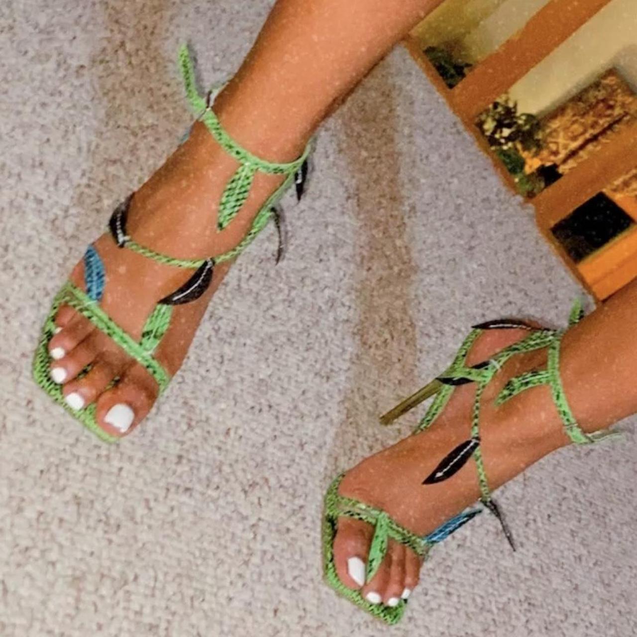 Green & Blue Snake Print Heels Leaf detail Worn once... - Depop
