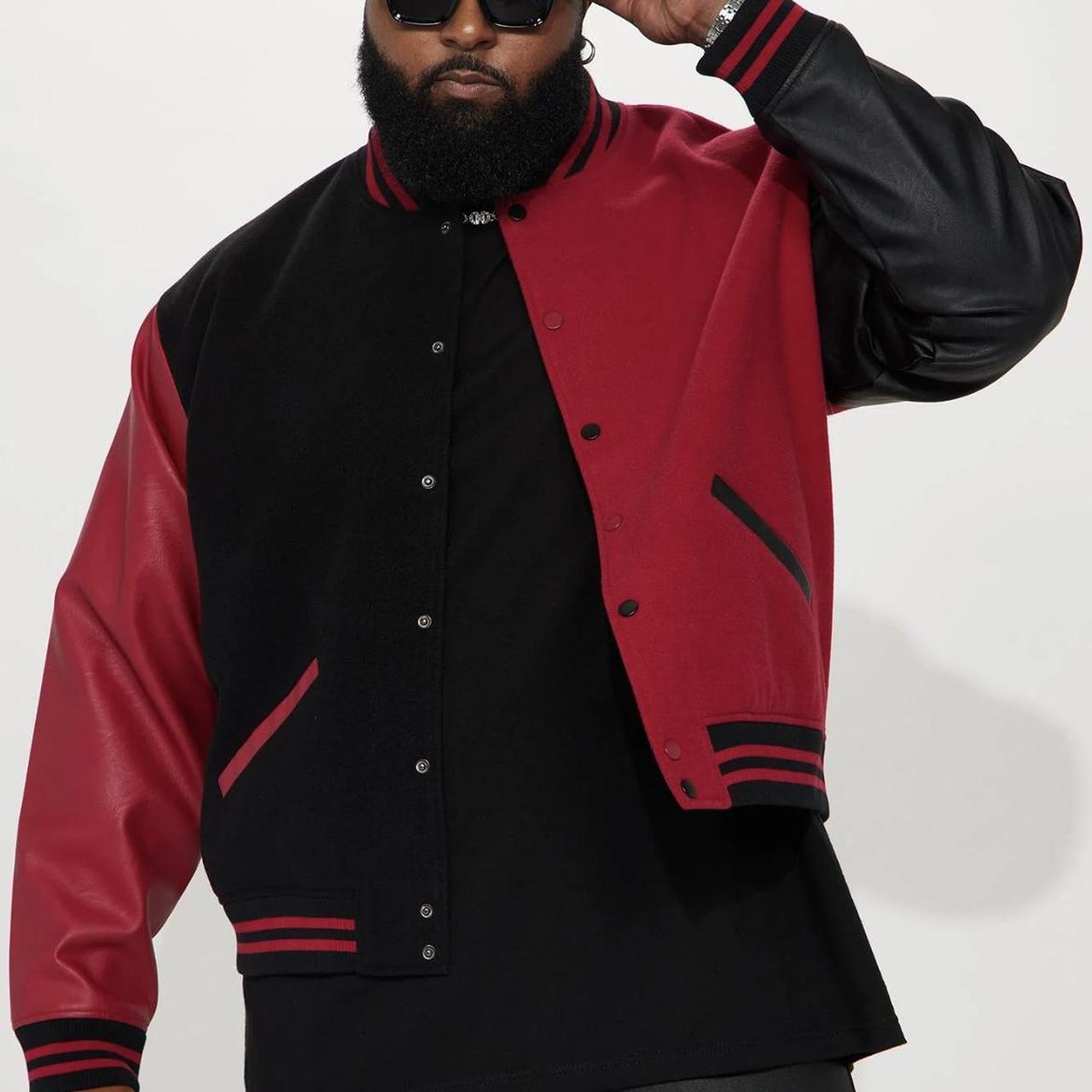 Mens varsity jacket half red half black - Depop