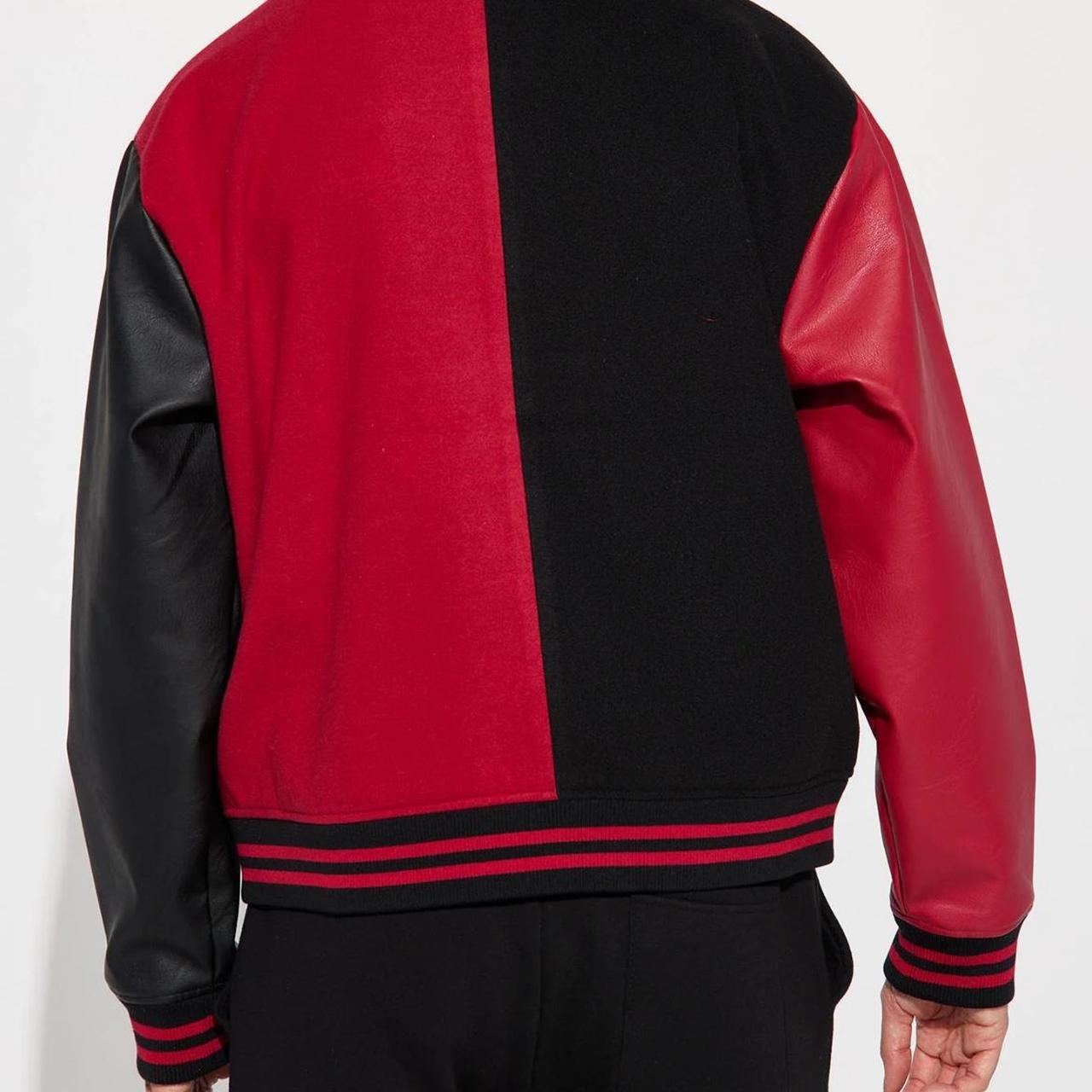 Mens varsity jacket half red half black - Depop