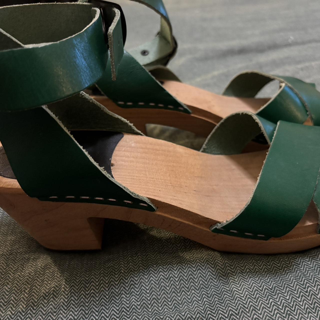 Funkis green wooden clogs with leather straps. Made... - Depop