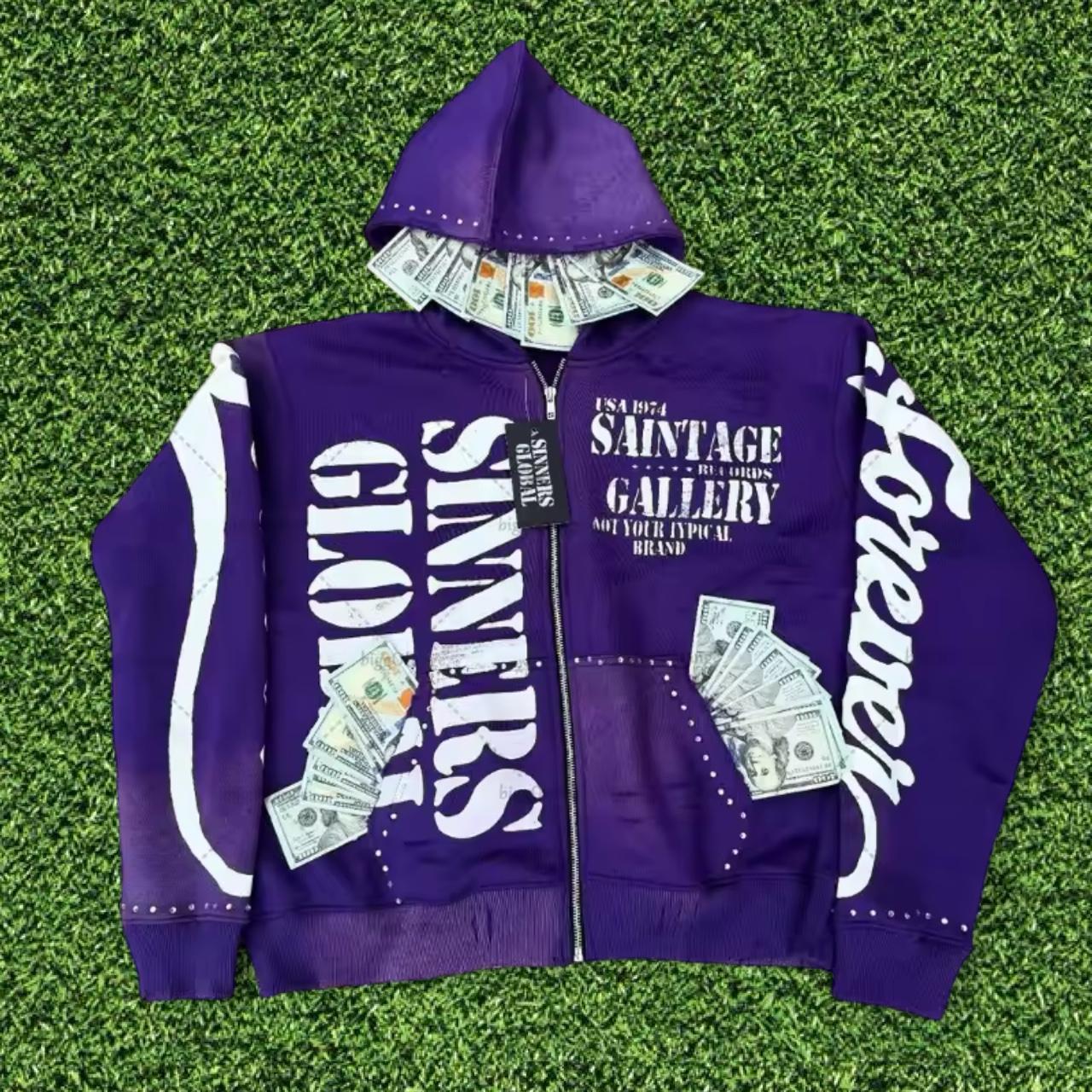 Purple and white Saint Sinners zip up hoodie #y2k... | Depop
