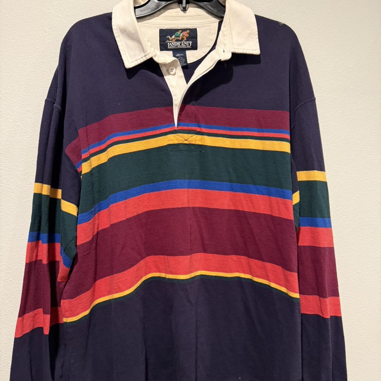 Navy and multi-coloured striped rugby shirt | Depop